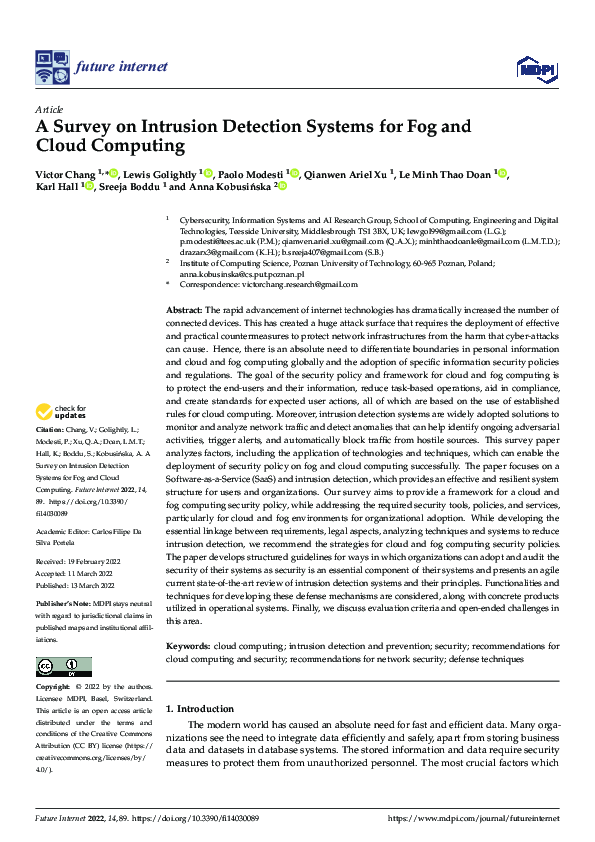 Pdf A Survey On Intrusion Detection Systems For Fog And Cloud Computing