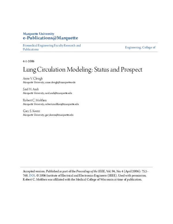 (PDF) Lung Circulation Modeling: Status and Prospect