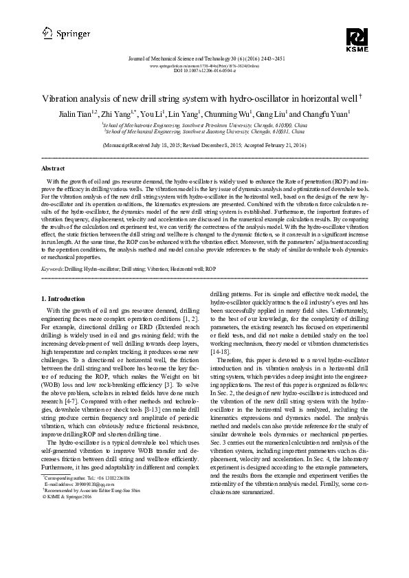 Pdf Vibration Analysis Of New Drill String System With Hydro Oscillator In Horizontal Well