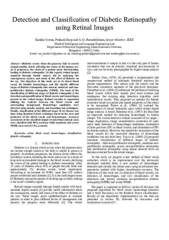 Pdf Detection And Classification Of Diabetic Retinopathy Using Retinal Images Kanika Verma