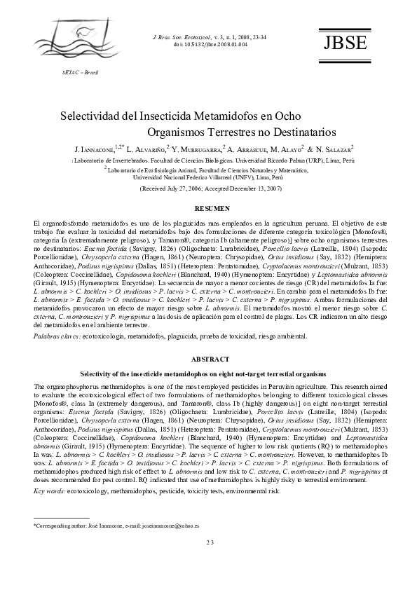 (PDF) Selectividad del Insecticida Metamidofos en Ocho Organismos ...