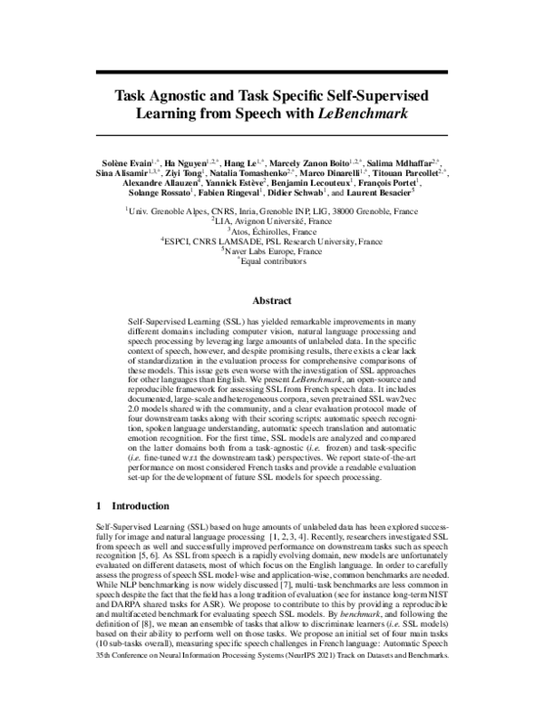 Pdf Task Agnostic And Task Specific Self Supervised Learning From Speech With Lebenchmark