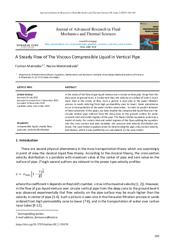 (PDF) A Steady Flow of The Viscous Compressible Liquid in Vertical Pipe