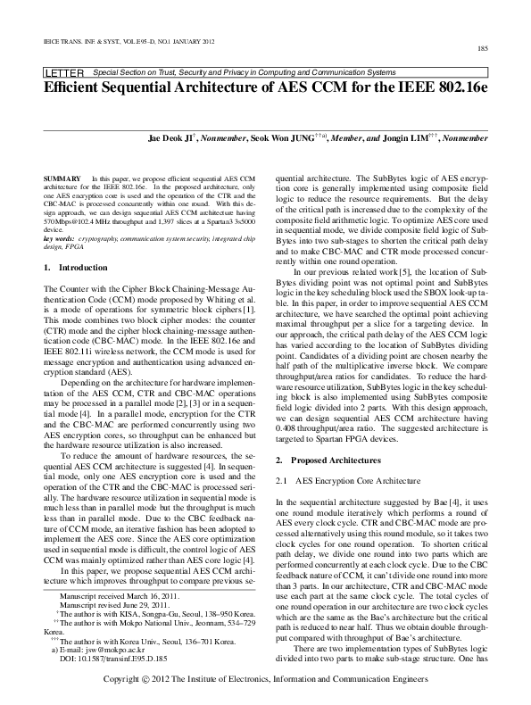 (PDF) Efficient Sequential Architecture of AES CCM for the IEEE 802.16e