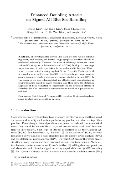 (PDF) Enhanced Doubling Attacks on Signed-All-Bits Set Recoding