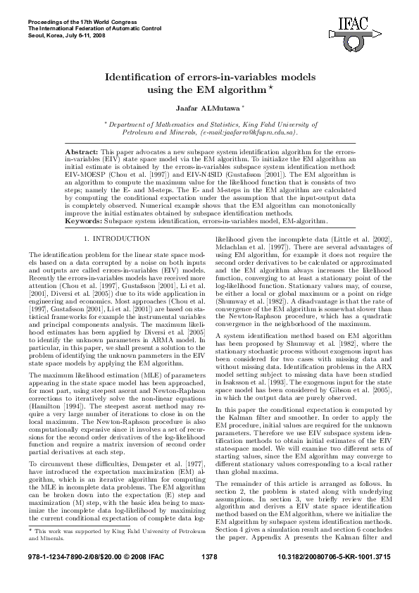 Pdf Identification Of Errors In Variables Models Using The Em Algorithm