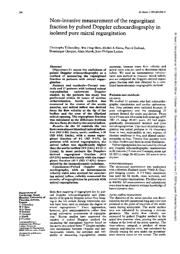 (PDF) Non-invasive measurement of the regurgitant fraction by pulsed ...