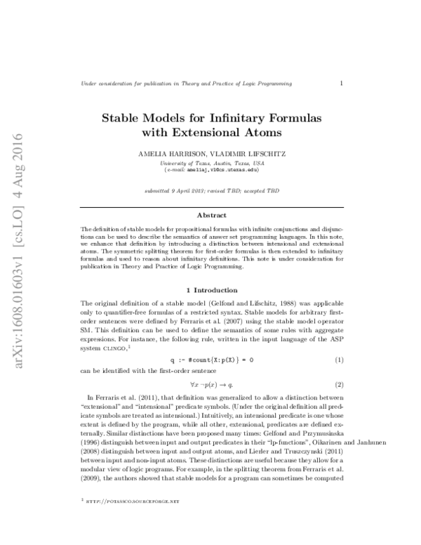 (PDF) Stable models for infinitary formulas with extensional atoms