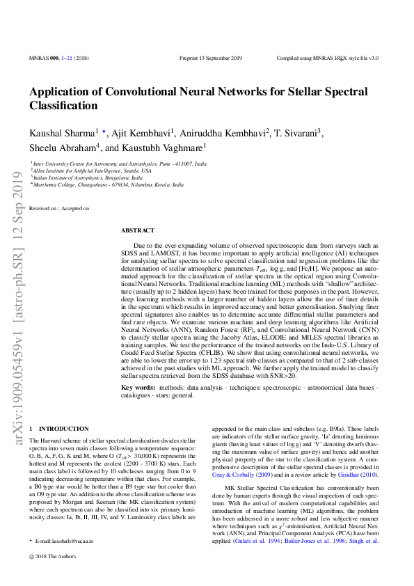 Pdf Application Of Convolutional Neural Networks For Stellar Spectral Classification
