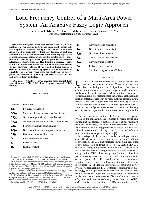 (PDF) Load Frequency Control of a Multi-Area Power System: An Adaptive Fuzzy Logic Approach
