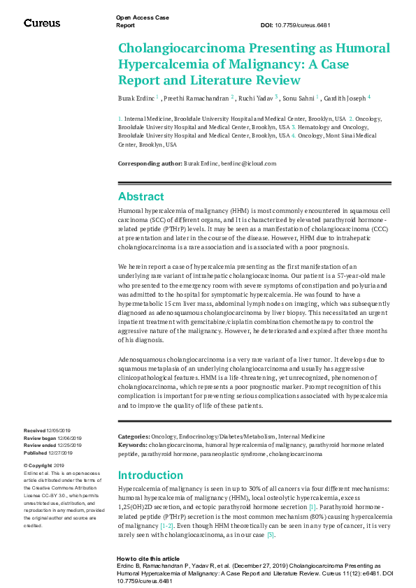 (PDF) Cholangiocarcinoma Presenting as Humoral Hypercalcemia of Malignancy: A Case Report and ...