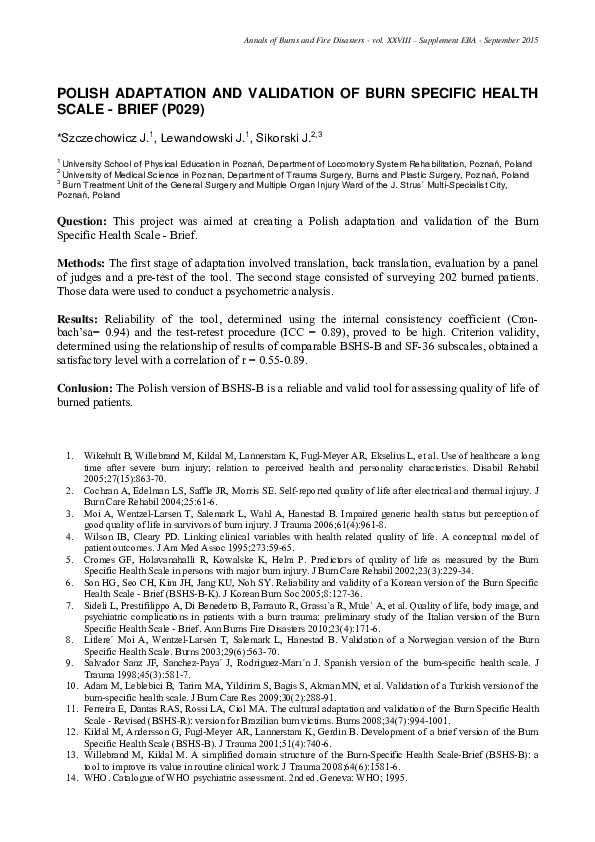Pdf Polish Adaptation And Validation Of Burn Specific Health Scale