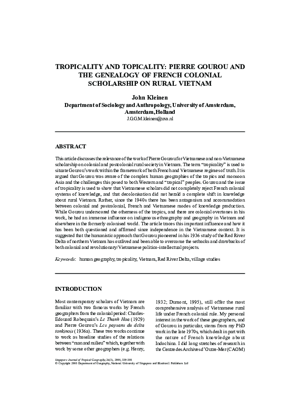 (PDF) Tropicality and Topicality: Pierre Gourou and the Genealogy of ...