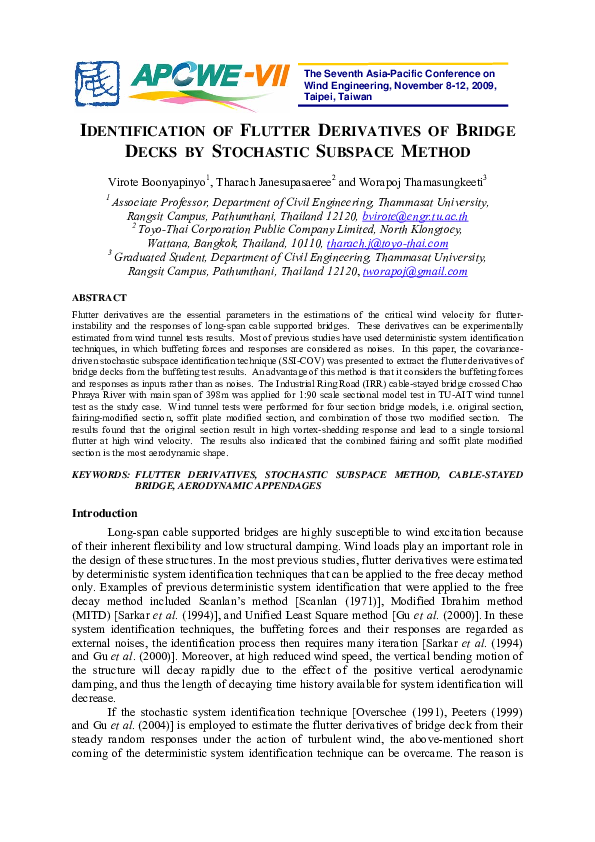 Pdf Identification Of Flutter Derivatives Of Bridge Decks In Wind Tunnel Test By Stochastic