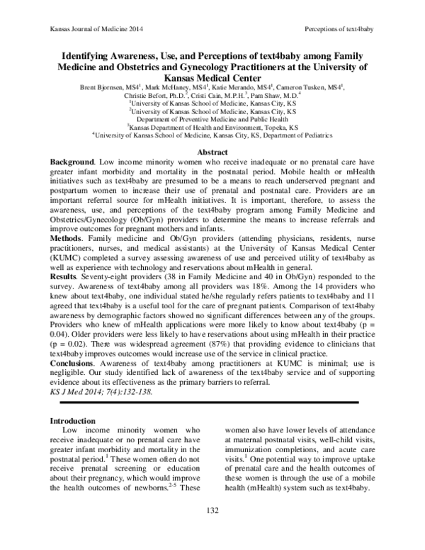 (PDF) Identifying Awareness, Use, and Perceptions of text4baby among ...