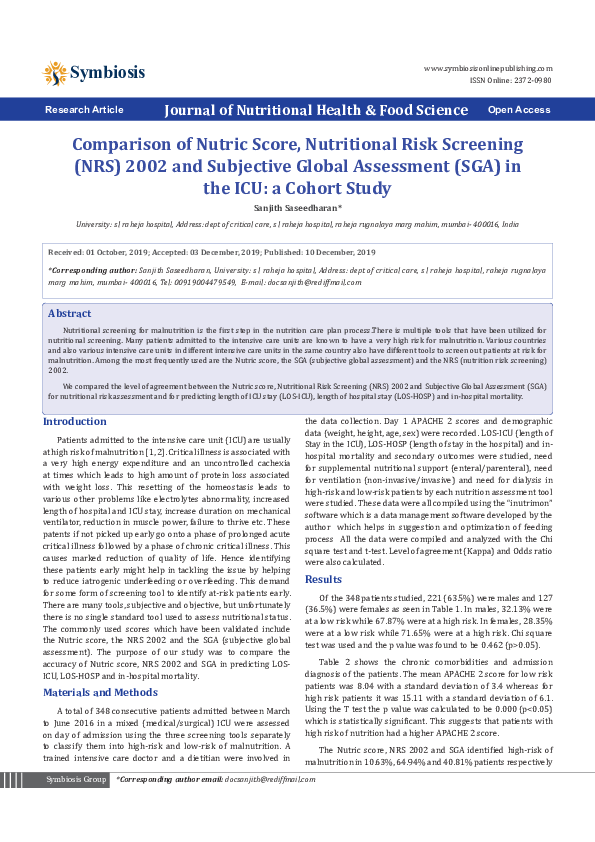 (PDF) Comparison of Nutric Score, Nutritional Risk Screening (NRS) 2002 ...