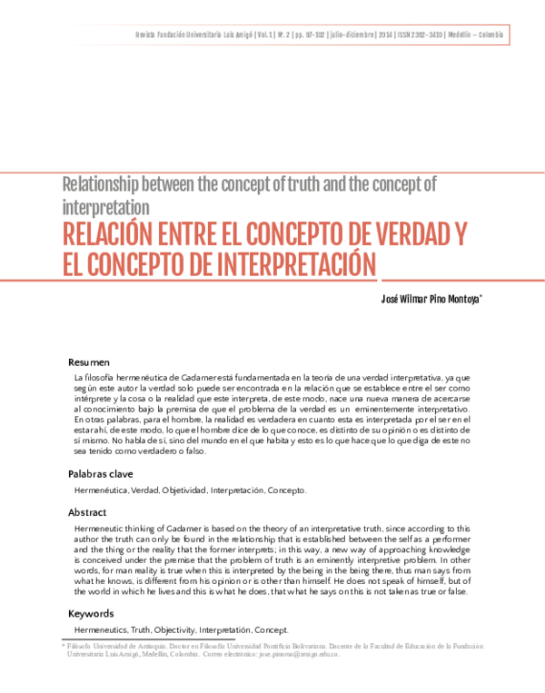 (PDF) Relación Entre El Concepto De Verdad y El Concepto De Interpretación