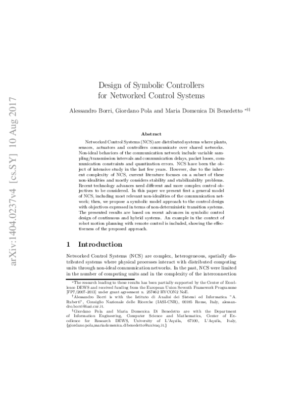 Pdf Design Of Symbolic Controllers For Networked Control Systems