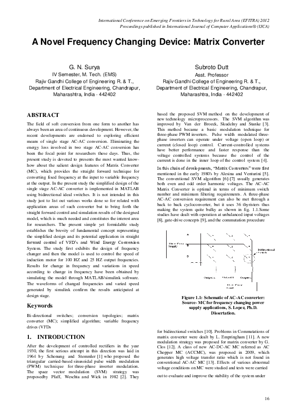 (PDF) A Novel Frequency Changing Device: Matrix Converter