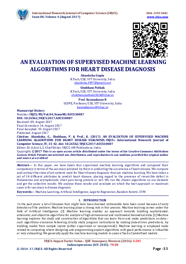 Pdf An Evaluation Of Supervised Machine Learning Algorithms For Heart Disease Diagnosis