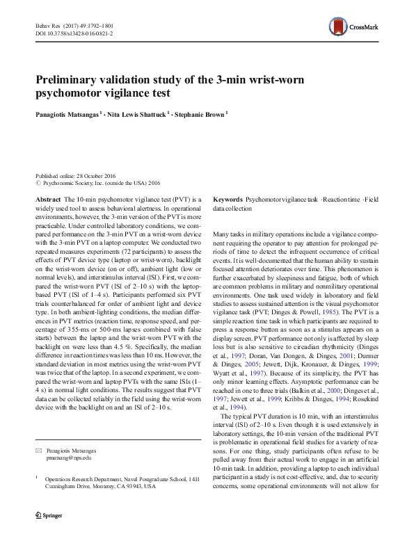 (PDF) Preliminary validation study of the 3-min wrist-worn psychomotor ...