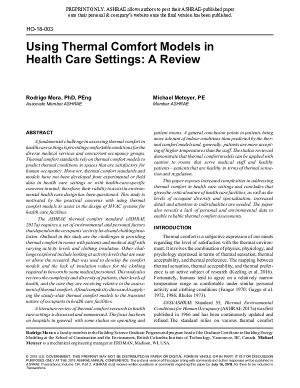 (PDF) Using thermal comfort models in health care settings
