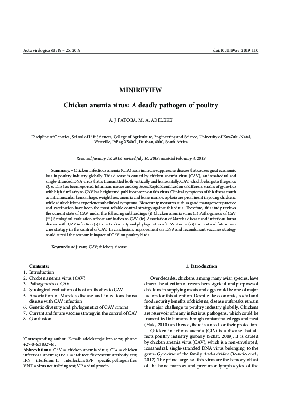 (PDF) Chicken anemia virus: A deadly pathogen of poultry