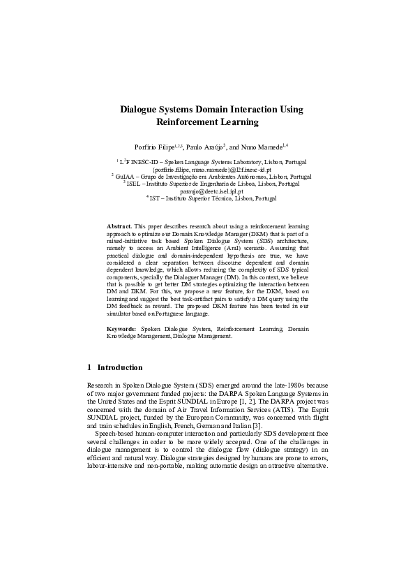(PDF) Dialogue Systems Domain Interaction Using Reinforcement Learning