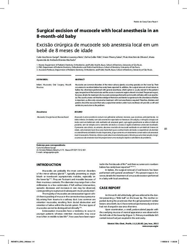 (PDF) Surgical excision of mucocele with local anesthesia in an 8-month ...