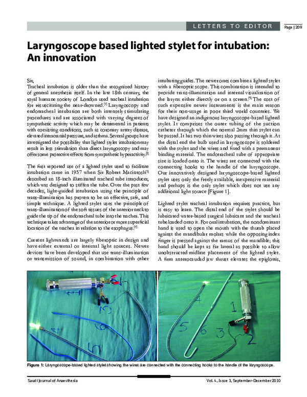 (PDF) Laryngoscope based lighted stylet for intubation: An innovation