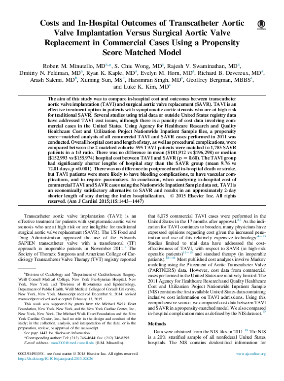 (PDF) Costs and In-Hospital Outcomes of Transcatheter Aortic Valve Implantation Versus Surgical ...