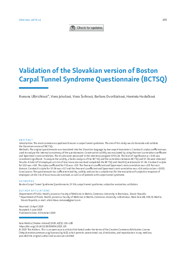 (PDF) Validation of the Slovakian version of Boston Carpal Tunnel ...