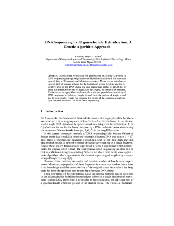 Pdf Dna Sequencing By Oligonucleotide Hybridization A Genetic Algorithm Approach