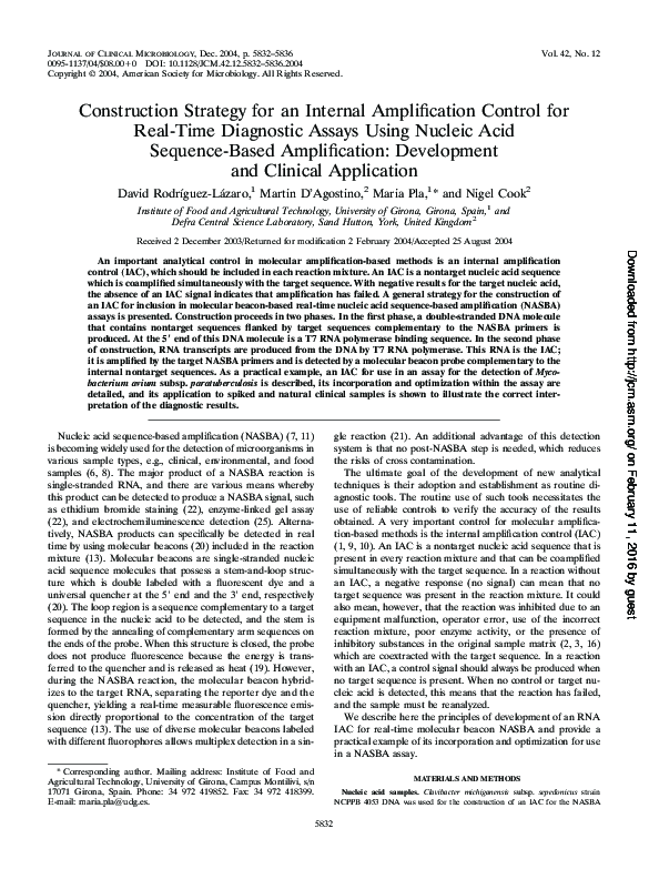(PDF) Internal Amplification Control for Real-Time NASBA Assays