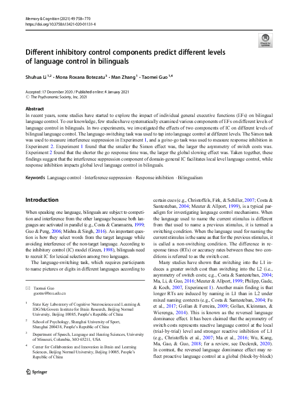Pdf Different Inhibitory Control Components Predict Different Levels Of Language Control In