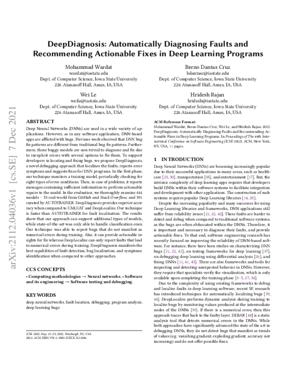 (PDF) DeepDiagnosis: Automatically Diagnosing Faults and Recommending Actionable Fixes in Deep ...