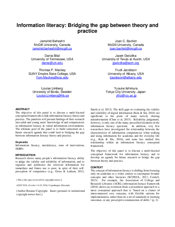 (PDF) Information literacy: Bridging the gap between theory and practice