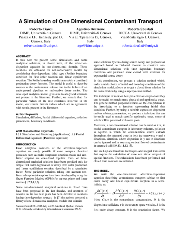 (PDF) A simulation of one dimensional contaminant transport