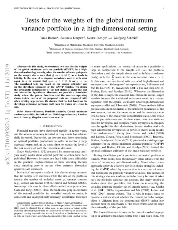 Pdf Tests For The Weights Of The Global Minimum Variance Portfolio In