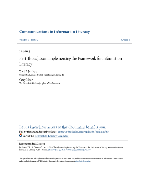 (PDF) First Thoughts on Implementing the Framework for Information Literacy