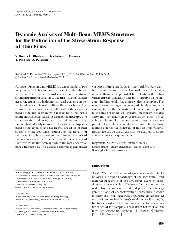 (PDF) Dynamic Analysis of Multi-Beam MEMS Structures for the Extraction ...