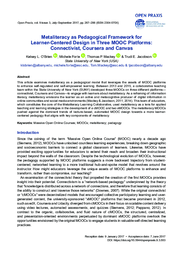 (PDF) Metaliteracy as Pedagogical Framework for Learner-Centered Design in Three MOOC Platforms ...
