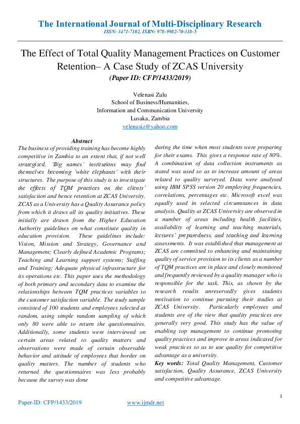 (PDF) The Effect of Total Quality Management Practices on Customer ...