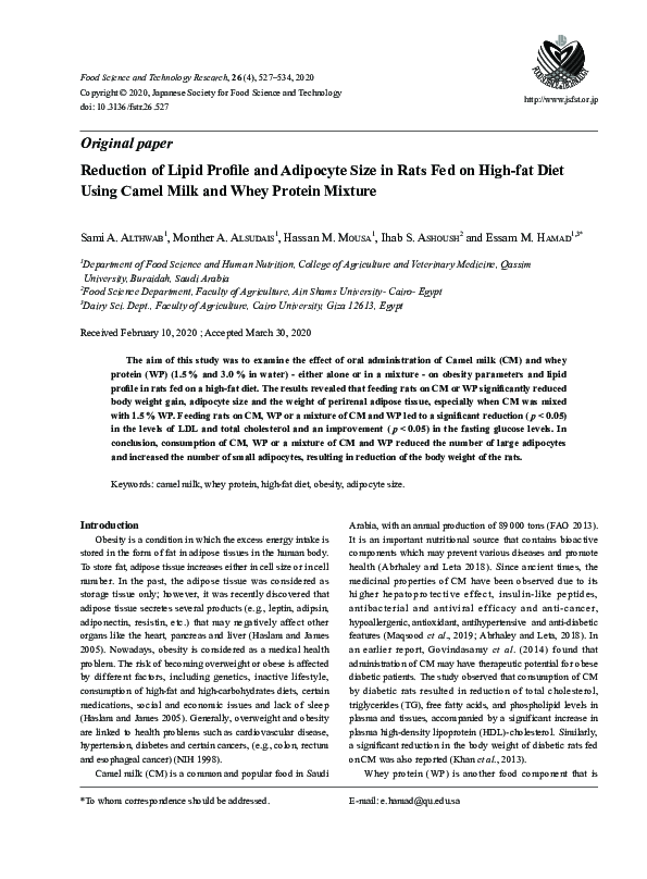 (PDF) Camel Milk and Whey Protein Mix Reduces Obesity in Rats