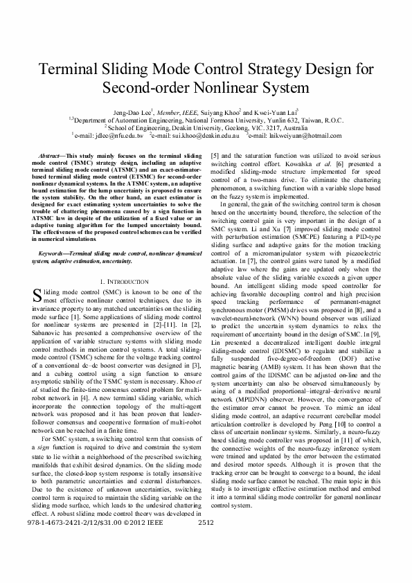 (PDF) Terminal sliding mode control strategy design for second-order nonlinear system