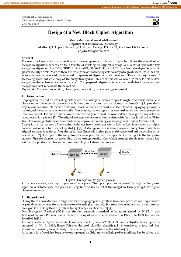 (PDF) Design of a New Block Cipher Algorithm