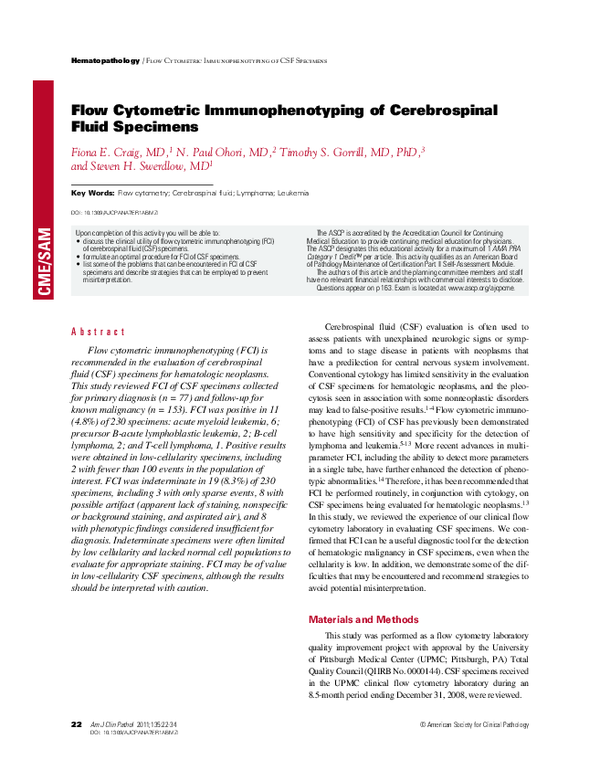 (PDF) Flow Cytometric Immunophenotyping of Cerebrospinal Fluid Specimens