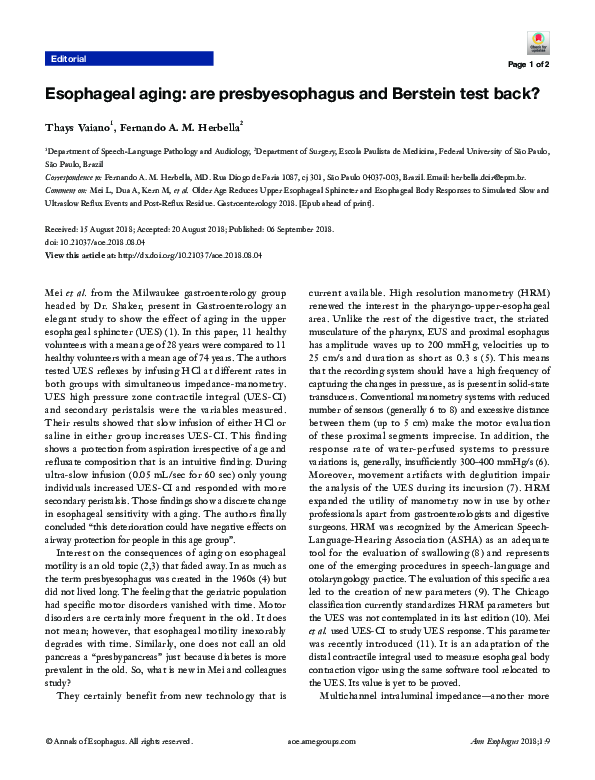 (PDF) Esophageal aging: are presbyesophagus and Berstein test back ...