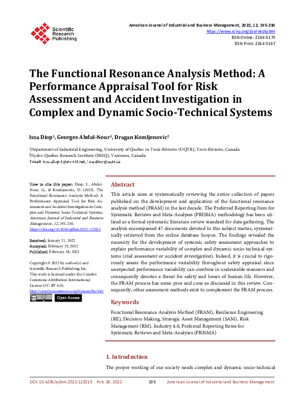 (PDF) The Functional Resonance Analysis Method: A Performance Appraisal ...