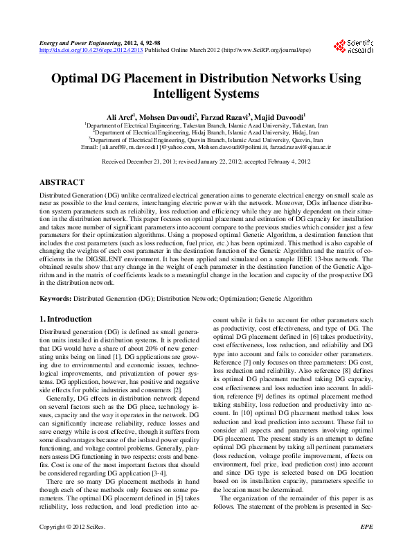 Pdf Optimal Dg Placement In Distribution Networks Using Intelligent Systems